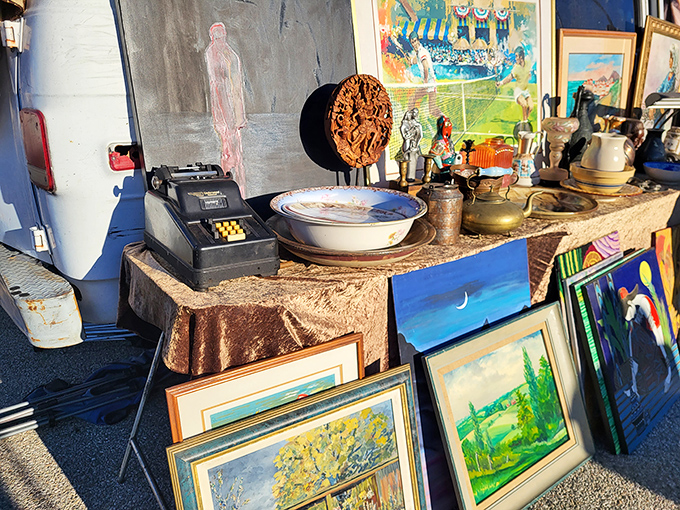 Nostalgia arranged on makeshift tables&mdash;vintage cash registers and landscape paintings waiting for their second act in someone's carefully curated home.
