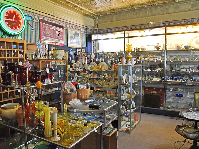 Glassware heaven! Each shelf tells stories of dinner parties past, where these pieces once starred as the pride of someone's china cabinet.