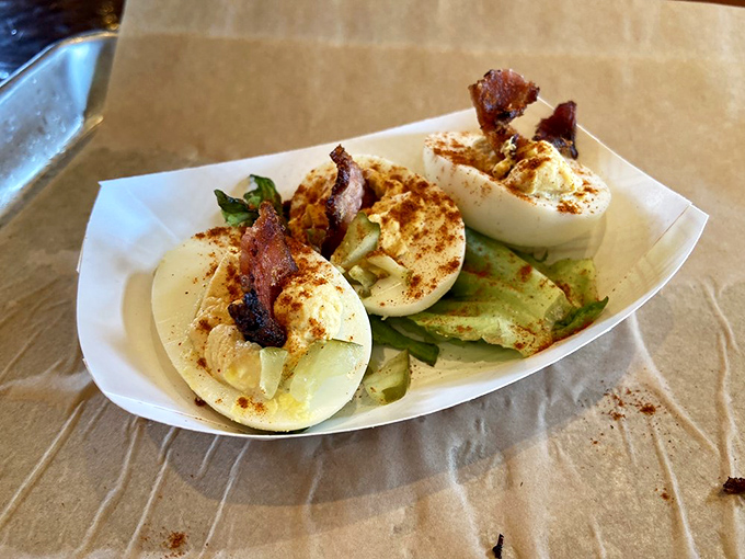 These aren't your grandmother's deviled eggs&mdash;unless your grandmother was a culinary rebel who topped hers with crispy bacon and spices.