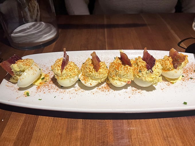 These deviled eggs with bacon aren't your grandmother's church picnic recipe&mdash;unless your grandmother was secretly a five-star chef with a flair for presentation.