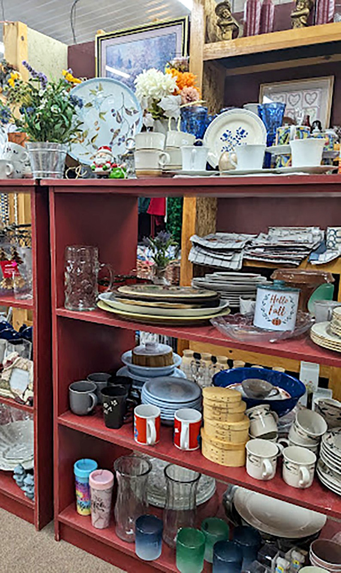 Plates, glasses, and mugs from decades past await new homes, like supporting actors ready for their second act.
