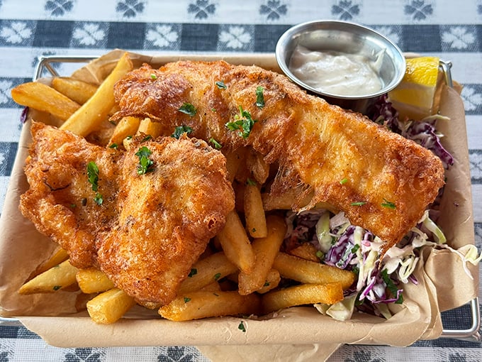 Golden-battered fish and chips that make even British visitors nod in approval. That perfect crunch gives way to flaky white fish that practically melts on contact.