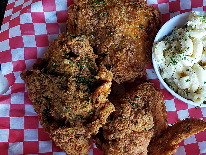 Golden perfection achieved: chicken so crispy it practically announces its arrival at your table.