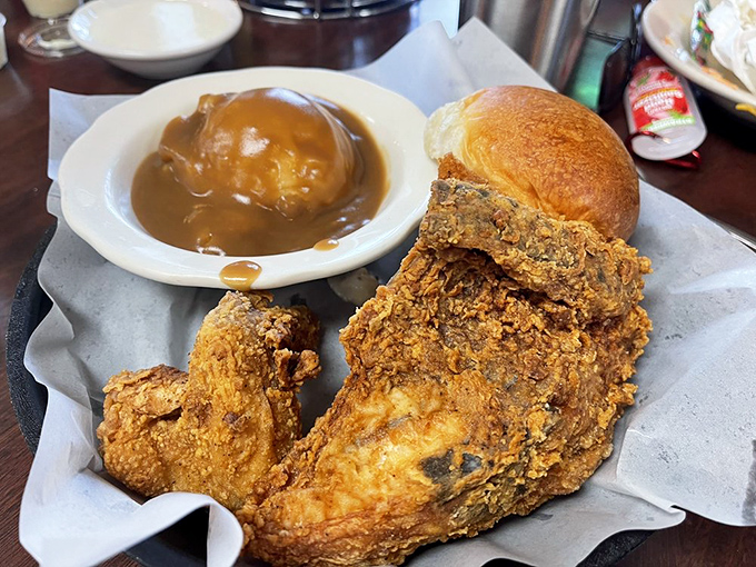 Golden-brown perfection that makes Colonel Sanders look like an amateur. This fried chicken doesn't just set the bar&mdash;it is the bar for crispy, juicy poultry perfection.