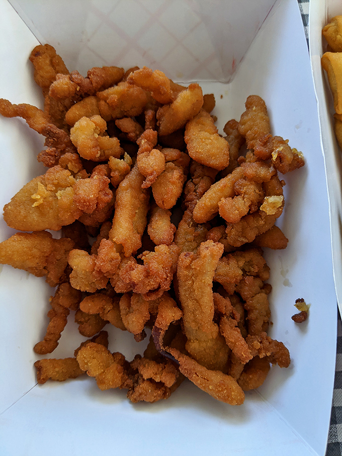 Golden-fried clam strips that shatter with each bite, offering that perfect textural contradiction that makes fried seafood one of life's simple pleasures.