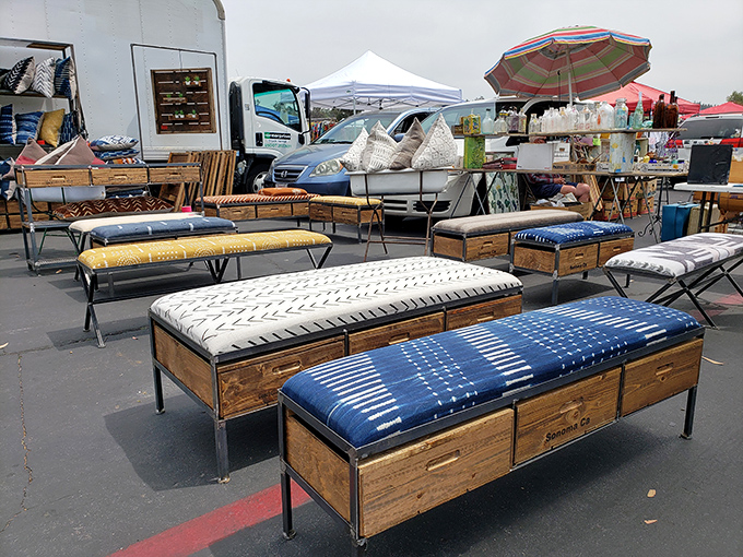 Mid-century modern meets Sunday morning hustle. These sleek benches with indigo cushions are calling to apartments across Los Angeles.