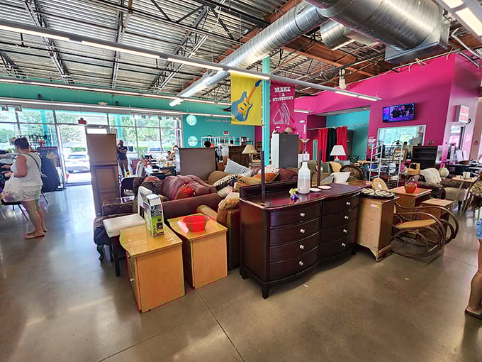 The furniture section resembles a living room time machine, where mid-century finds mingle with contemporary pieces, all waiting for their second act.