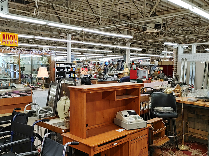 Furniture with character awaits its second act. That wooden desk has probably seen more first drafts than most English professors.