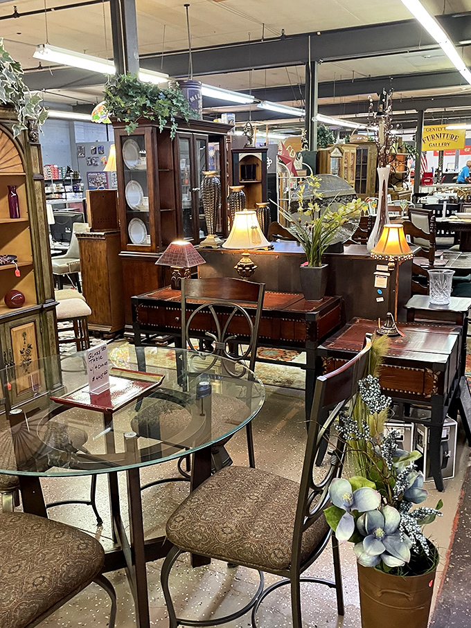 Elegant glass-topped tables surrounded by wrought iron chairs create living room vignettes that whisper, "Take me home and serve martinis!"