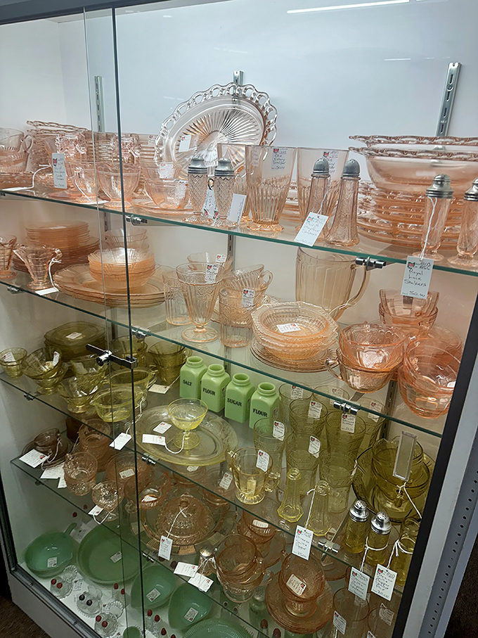 Depression glass heaven! These delicate pink and green treasures survived the Great Depression and now stand ready to grace modern tables with vintage charm.