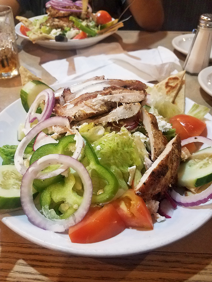 This Greek salad isn't playing games&mdash;grilled chicken, crisp vegetables, and feta cheese create the Mediterranean vacation your taste buds have been dreaming about.