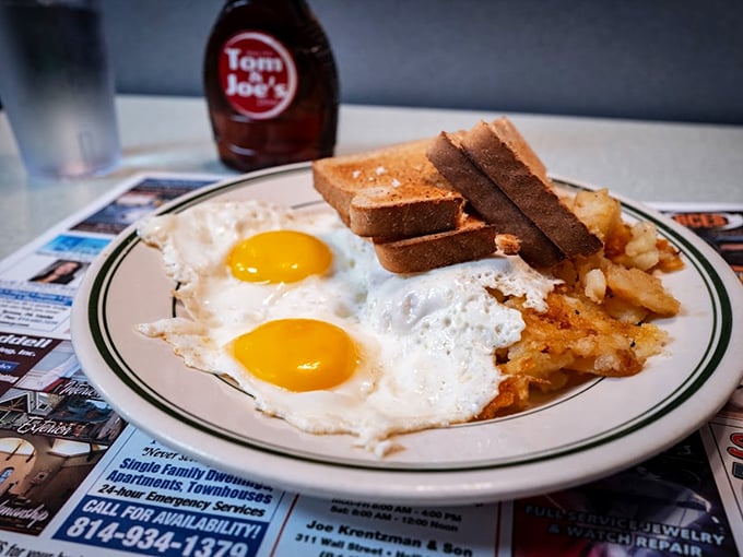 Two sunny-side up eggs staring optimistically at your day, flanked by crispy home fries and toast soldiers ready for yolk-dipping duty.