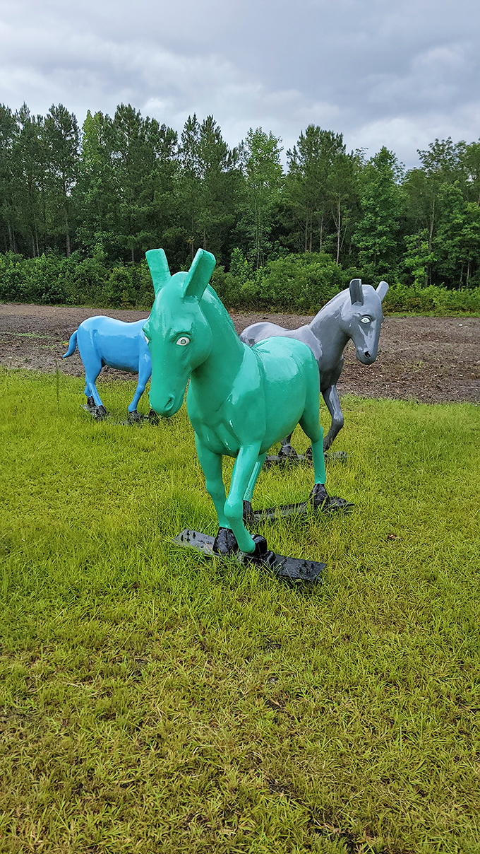 The technicolor equine squad &ndash; where else can you find a mint-green horse hanging out with its blue and gray companions? Mr. Ed would be jealous.