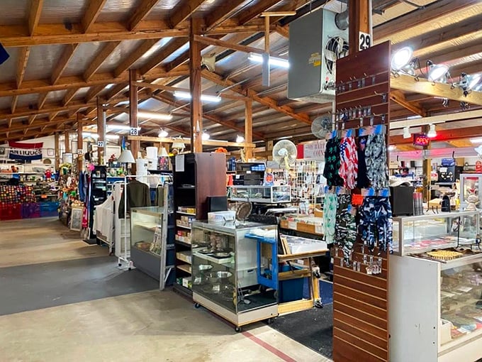 Aisle after aisle of possibility under rustic wooden beams. The indoor section offers climate-controlled treasure hunting when Virginia weather doesn't cooperate with your bargain-seeking plans.