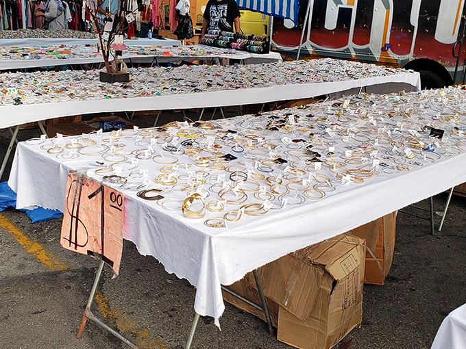 Glitter, gold, and great deals spread across tables like treasure maps to affordable style. One dollar for bling? Count me in!