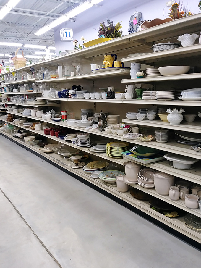 Dishware heaven stretches as far as the eye can see. Somewhere in this aisle is the exact milk glass bowl your grandmother had.