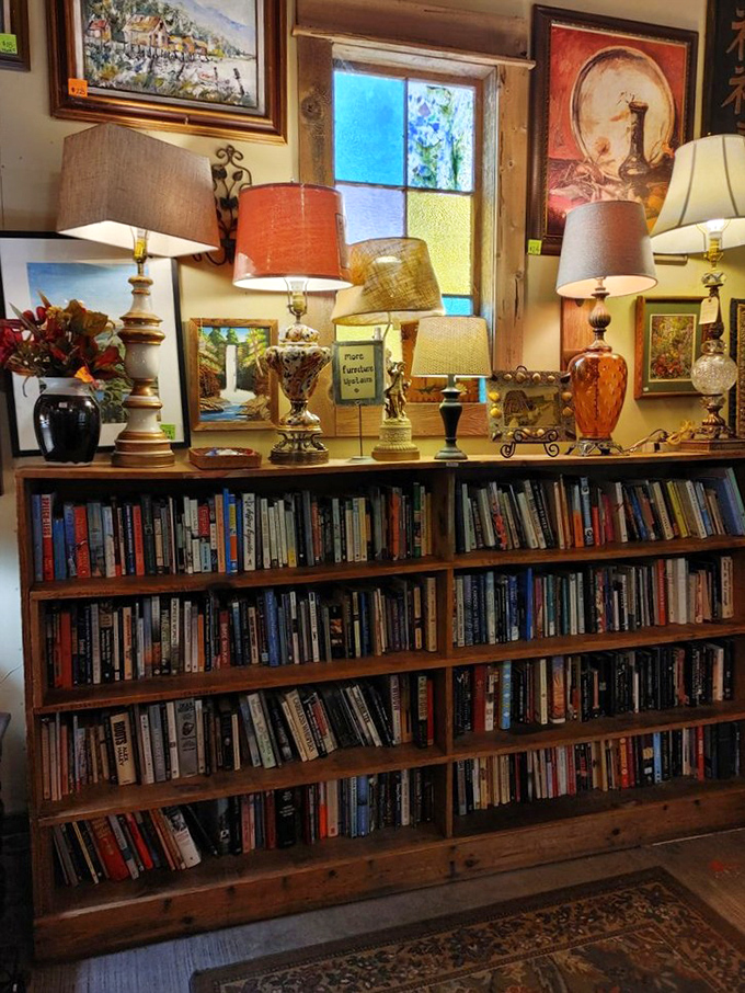 A literary corner where vintage lamps illuminate shelves of books – proof that good lighting and good reading have been inseparable companions throughout history.