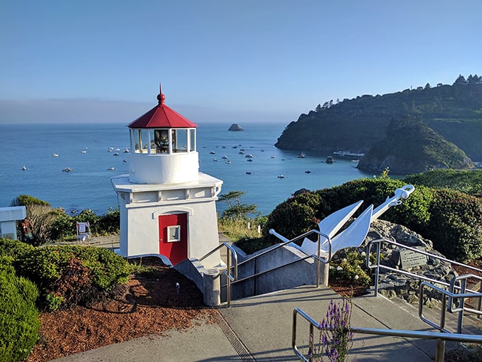 The Trinidad Memorial Lighthouse stands sentinel over the harbor, its red-capped charm a beacon to both ships at sea and hungry photographers on land.