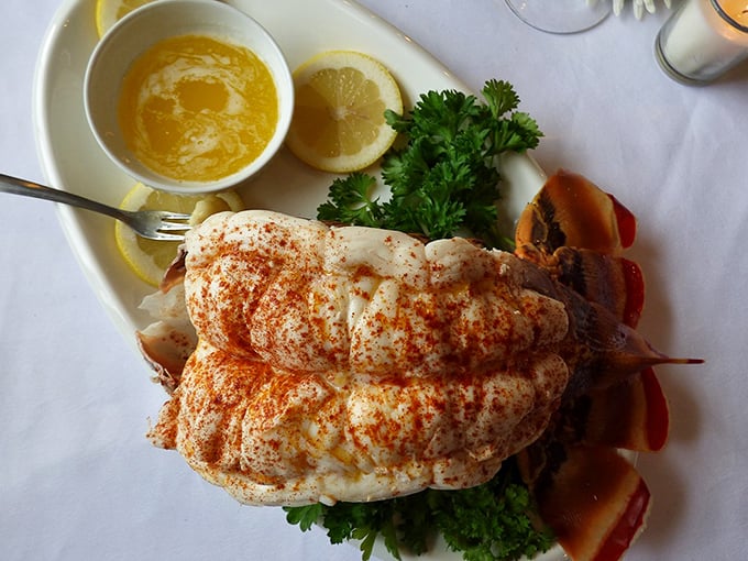 Lobster tail dressed for success! This crustacean masterpiece comes adorned with paprika and drawn butter&mdash;Neptune's finest in Wisconsin's heartland.