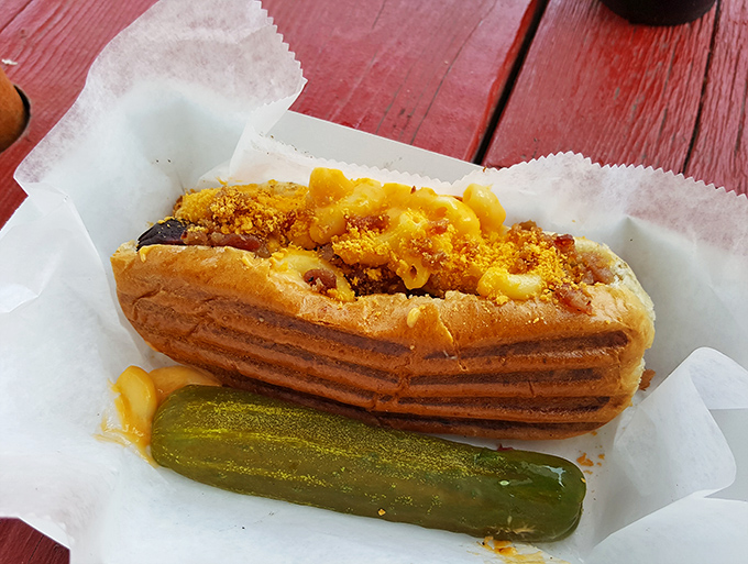 Not your average ballpark frank! This mac and cheese hot dog is what happens when comfort food has an identity crisis in the best possible way.