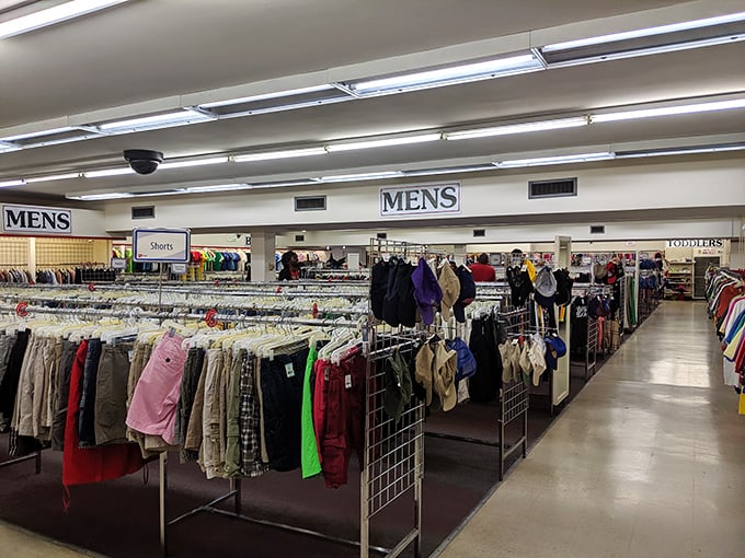 Men's clothing organized by type and size? This isn't your uncle's chaotic garage sale&mdash;it's thrift shopping elevated to an art form. 