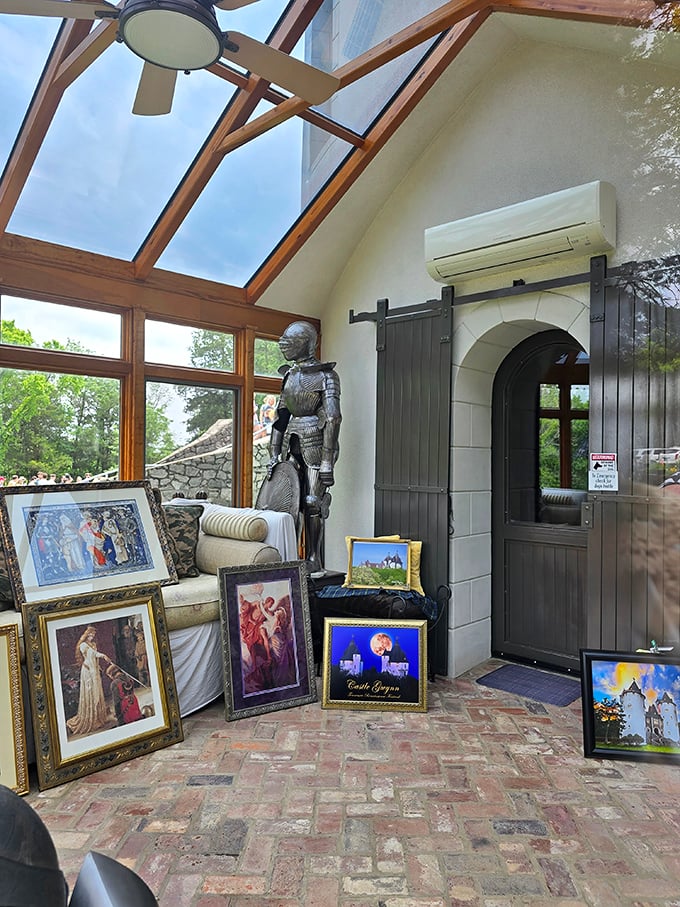 Step into a sunlit sanctuary where medieval meets modern. This bright solarium features castle-appropriate d&eacute;cor, including a standing knight who never complains about the Tennessee heat.