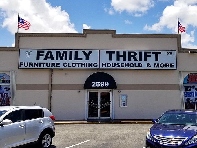 Clear blue skies frame this bargain hunter's paradise. The modest exterior hides a wonderland of secondhand treasures waiting to be discovered.