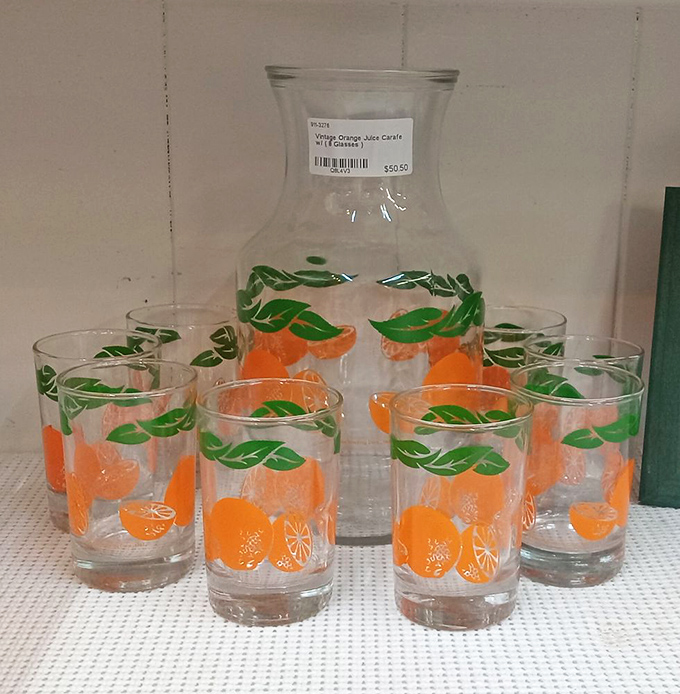 Florida sunshine captured in glassware! These vintage orange juice sets bring back breakfast memories sweeter than the fruit itself.