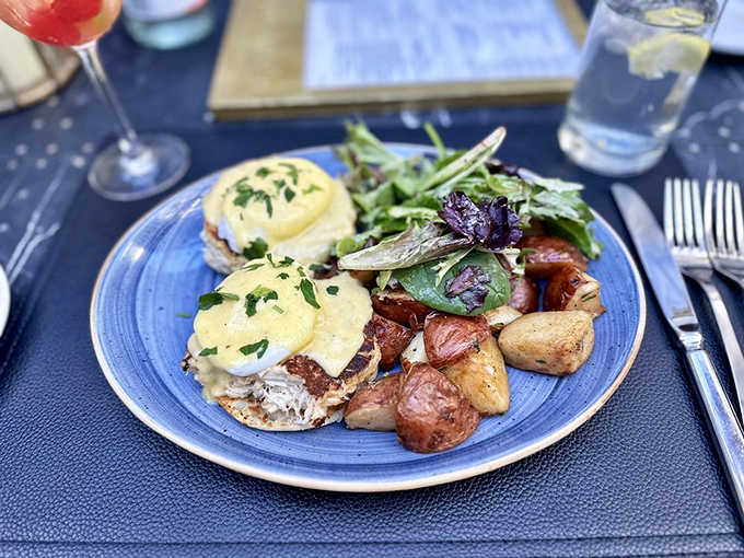 Eggs Benedict gets the seafood treatment on this blue plate special. Brunch aboard ship somehow tastes better when you can feel the gentle nudge of maritime history beneath your feet.