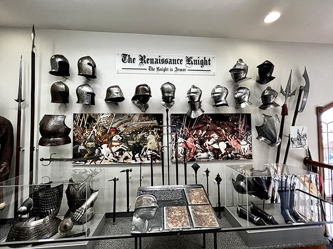 The Renaissance Knight display shows the evolution of helmets &ndash; from "might get bonked on the head" protection to "I'm fancy even in battle" headgear.