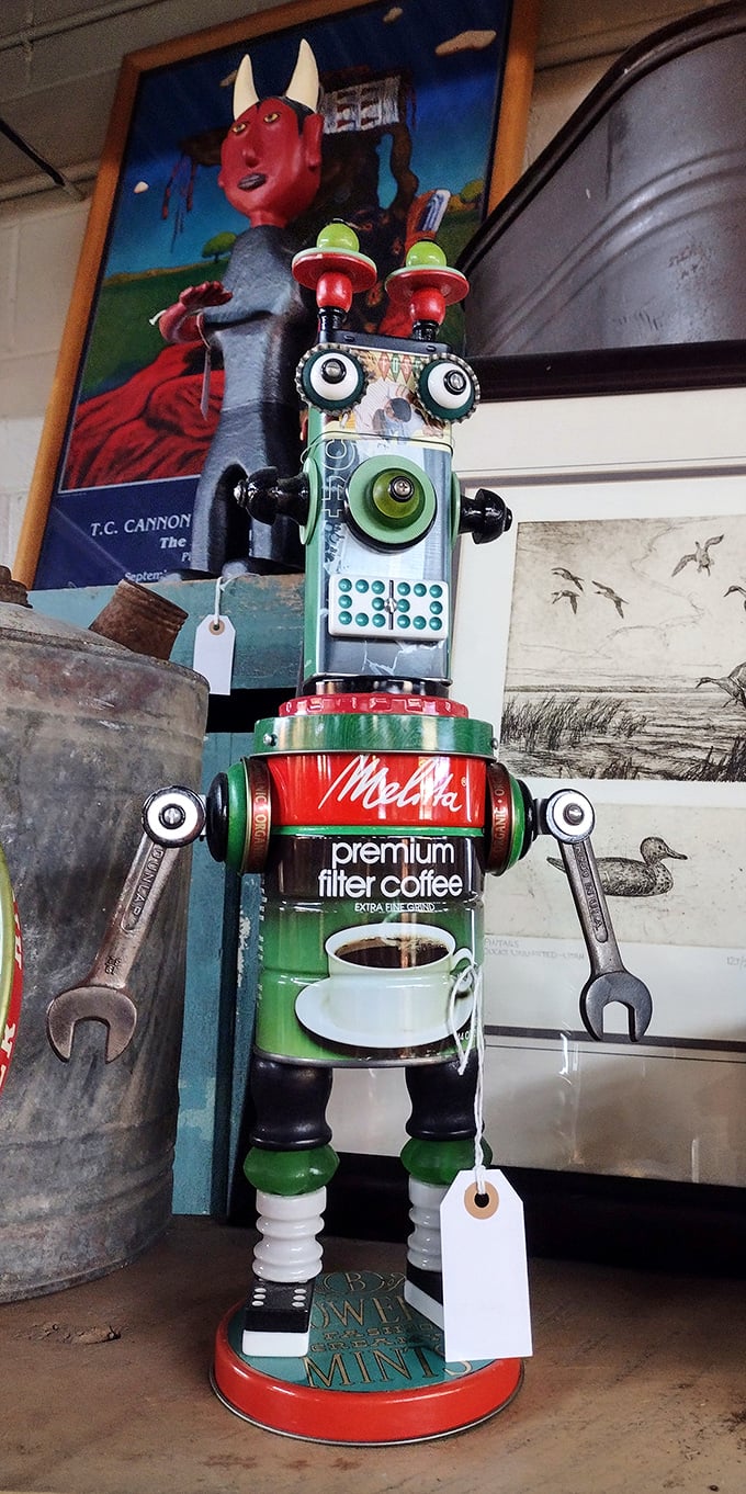 This whimsical robot sculpture proves that yesterday's coffee cans and spare parts are today's conversation-starting masterpieces.