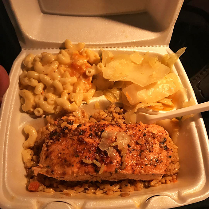 The famous salmon that launches road trips, served with mac and cheese and cabbage. This seafood revelation makes perfect sense after just one bite.