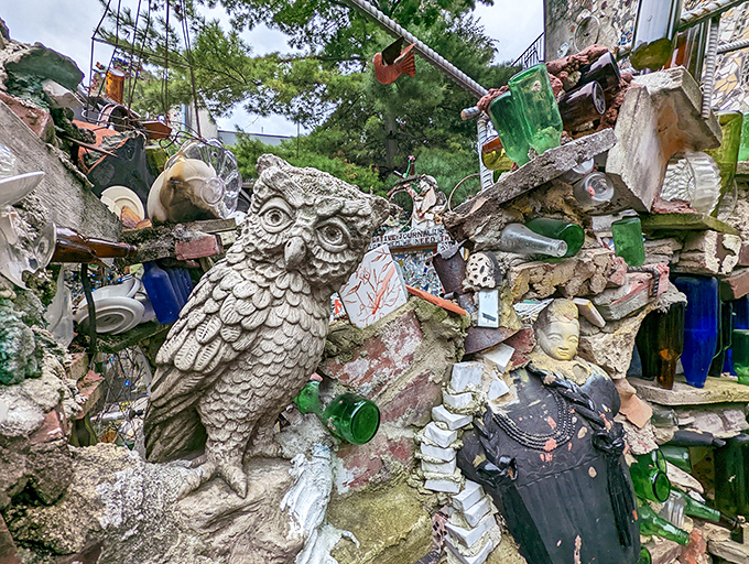 This wise old owl didn't give a hoot about conventional art, preferring instead to nest among a treasure trove of glittering glass and ceramic memories.