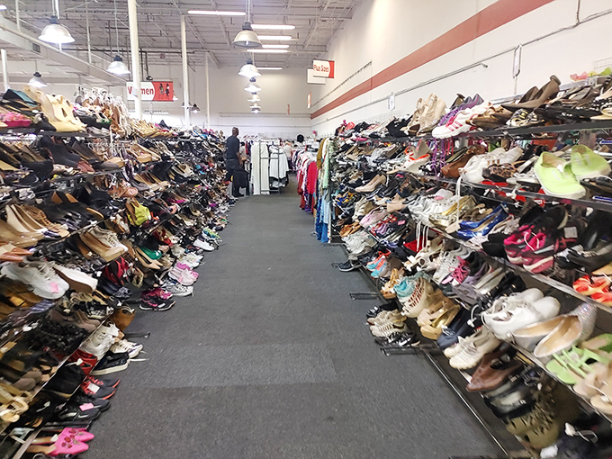 Shoe heaven or footwear museum? This aisle could keep Imelda Marcos occupied for days, with options spanning decades of fashion evolution.