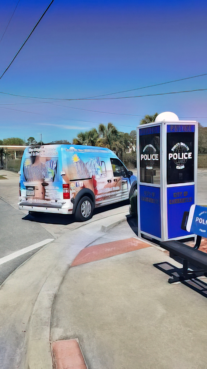 From this angle, the station looks like a superhero phone booth that decided to join the force.