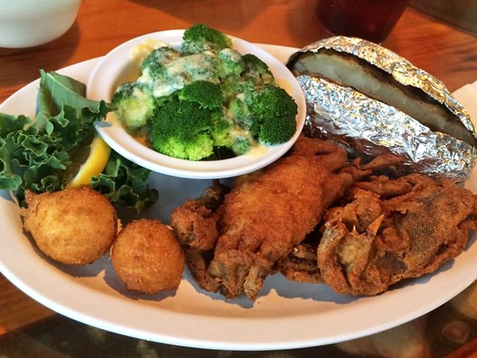 Soft-shell crabs, hushpuppies, and broccoli with cheese&mdash;the holy trinity of Chesapeake comfort. That baked potato in foil looks like it's wearing a tiny space suit.