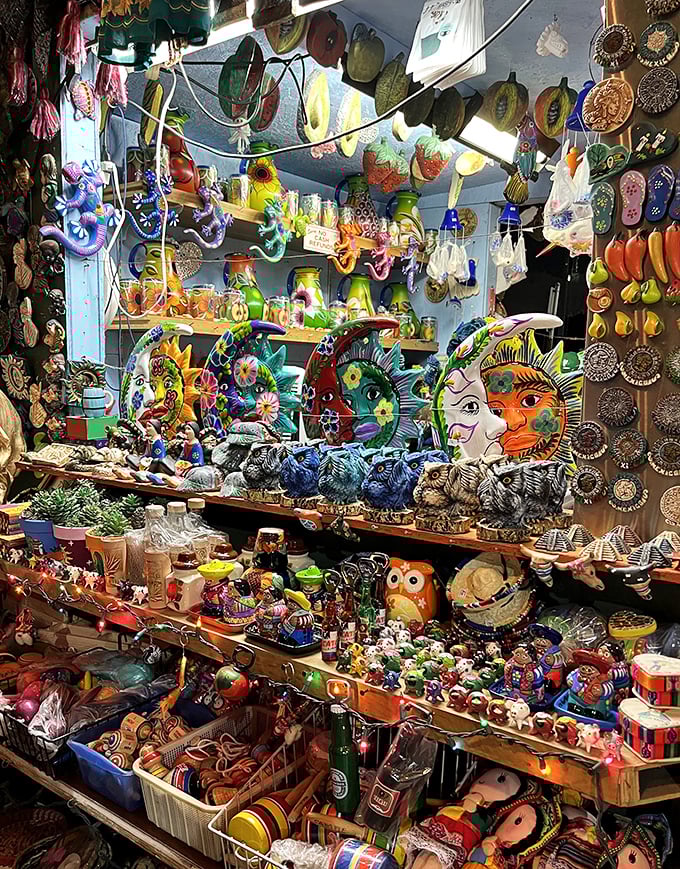 A kaleidoscope of Mexican folk art transforms shopping into cultural exploration. That sun-moon ceramic might just need to come home with you.