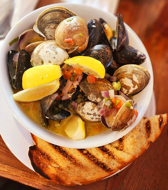 Steamed shellfish heaven in a bowl! These plump mussels and clams swimming in savory broth are what seafood dreams are made of.