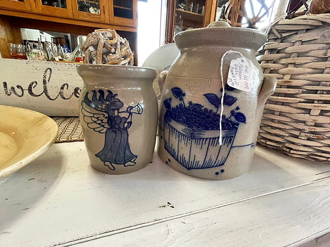 Folk art meets functionality in these blue-decorated stoneware crocks &ndash; silent witnesses to generations of pickles, preserves, and family recipes.