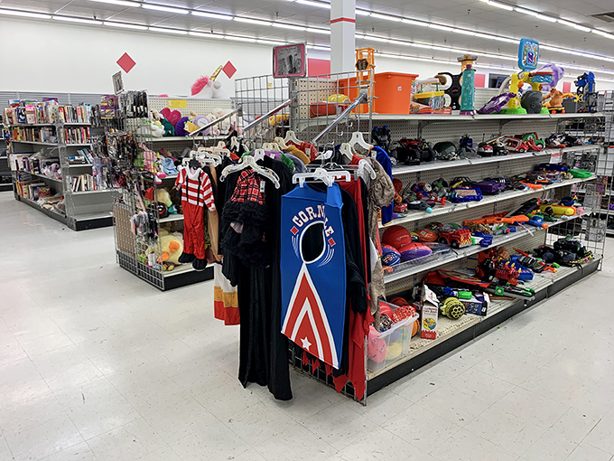 Toys and games await new playmates in this colorful aisle. That cornhole set has "future family reunion MVP" written all over it.