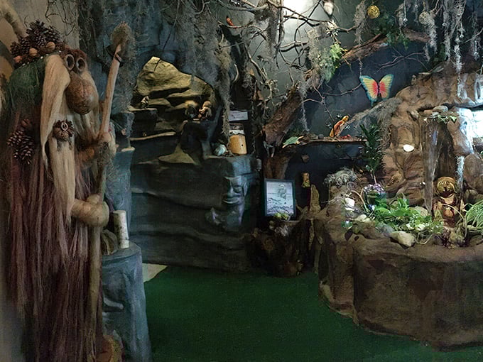 The enchanted forest section transports visitors into troll mythology with moss-draped trees, mysterious passages, and an atmosphere straight from Scandinavian folklore.
