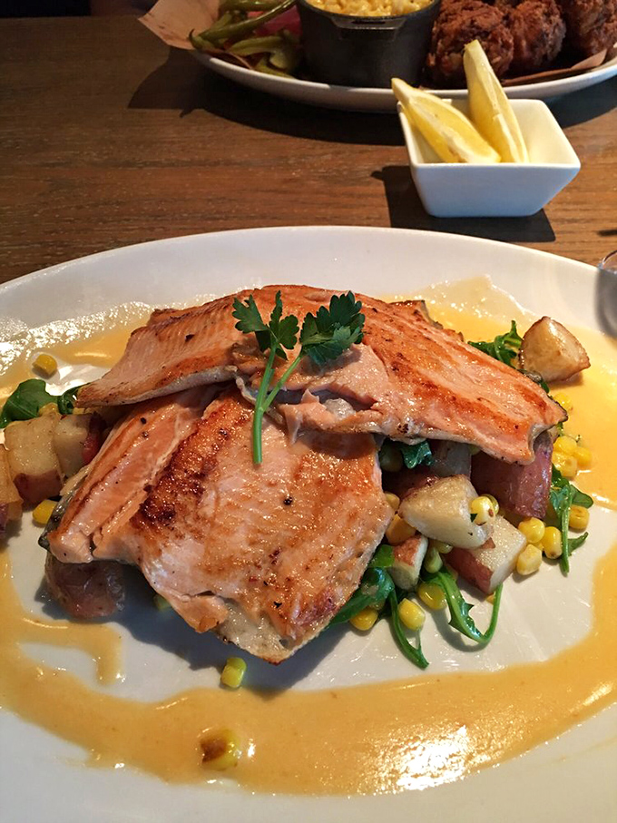The legendary trout arrives like edible artwork &ndash; perfectly seared, resting on a bed of seasonal vegetables. This is why people drive for hours.