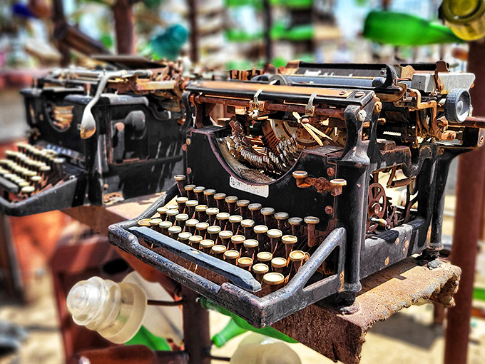 An antique typewriter waits patiently, perhaps hoping someone will document this wonderland's incredible story in vintage style.