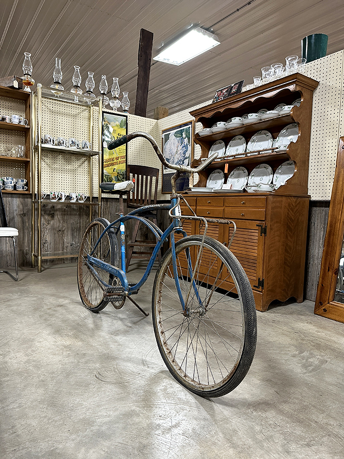 This classic blue cruiser isn't just transportation&mdash;it's a time machine on wheels, parked beside china that's witnessed countless Sunday dinners.