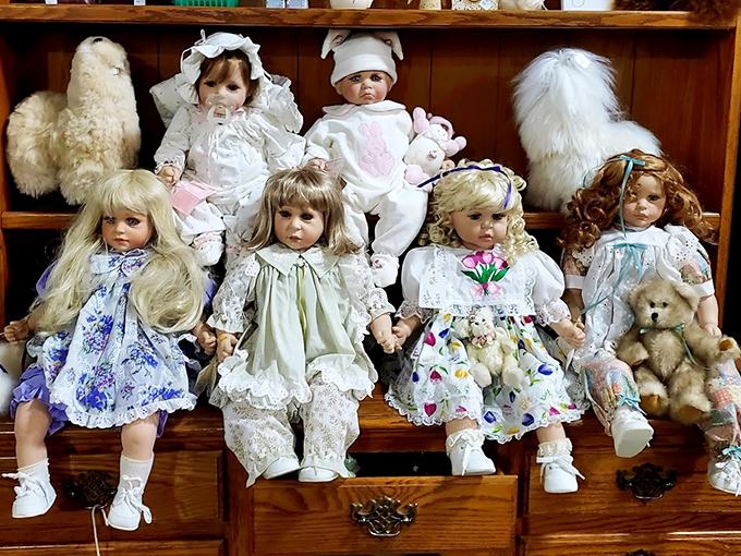 The porcelain parliament is in session! These vintage dolls sit in silent judgment, their pristine dresses and permanent expressions a time capsule of childhood past.