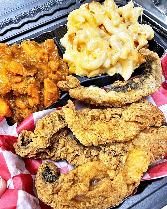 Crispy perfection meets creamy indulgence. This golden-fried whiting with mac and cheese might just make you weep with joy.