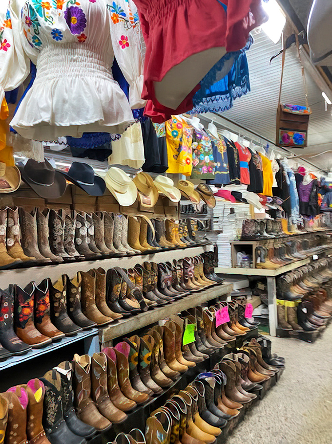 Colorful Mexican dresses and cowboy boots line the stalls at 77 Flea Market. A fashion show where the runway is dirt!