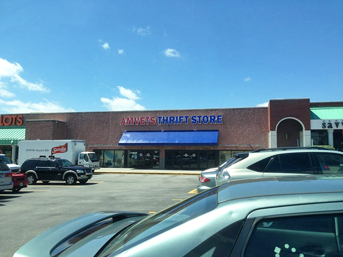 Amvets' bold red and blue signage stands out in the strip mall – patriotic shopping at its best.