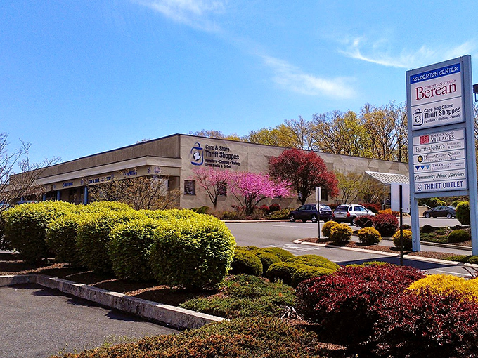 Care & Share's beautifully landscaped campus looks more resort than thrift store. Spring blossoms complement this thrifting paradise where one building is never enough!