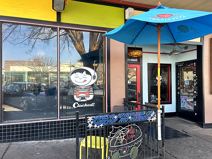 Clocked!'s cheerful exterior brings a pop of color to Athens. That little cartoon guy knows what you're craving. 